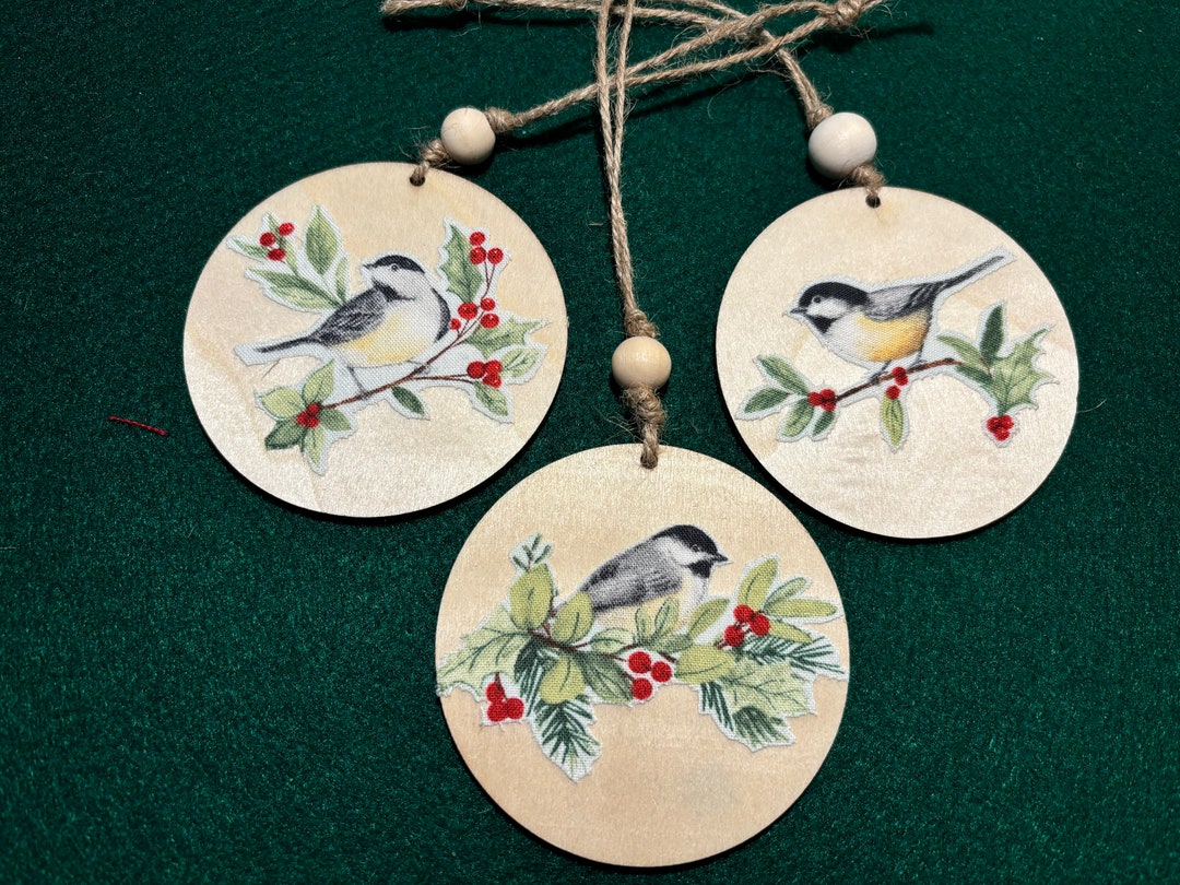 Handcrafted Chickadee Christmas Ornaments. Hand Cut Fabric Chickadees ...