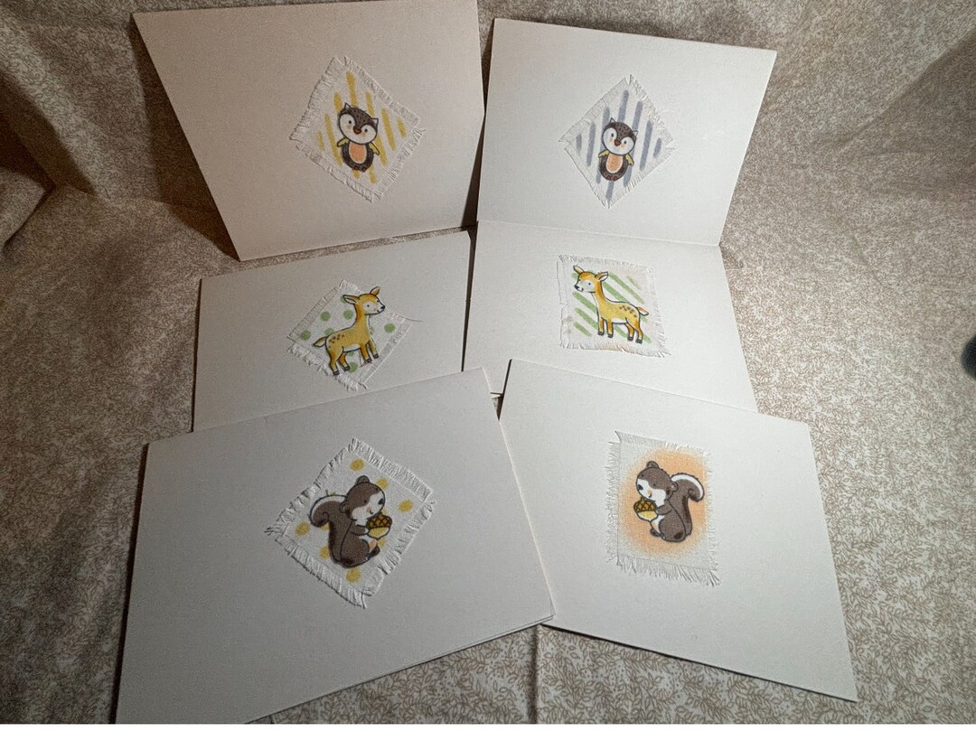 Woodland Critters Themed Blank Cards With Fabric Owl, Fawn/deer, and ...