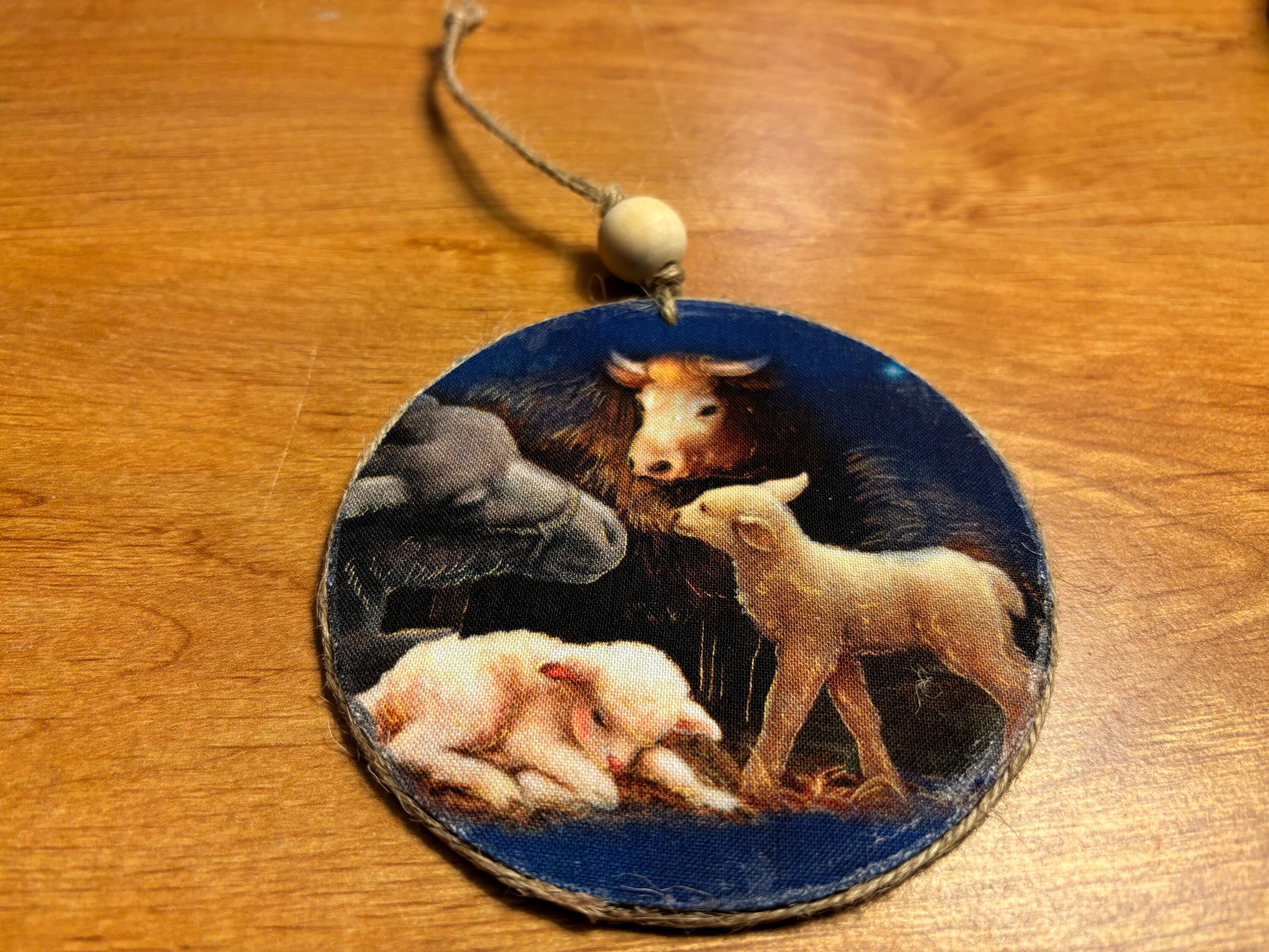 Religious Christmas Ornaments. Fabric on Wood. Holy Family, Stable ...