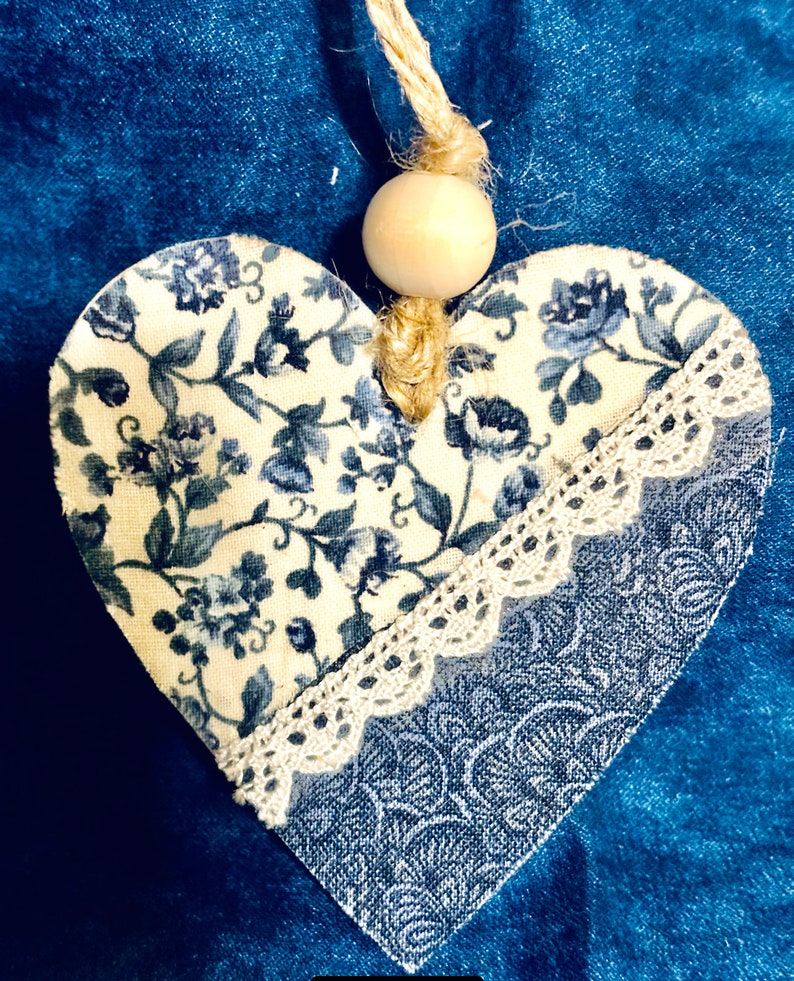 Blue and White Heart Ornament/wall Hanging/door Hanger. Fabric, Wood ...