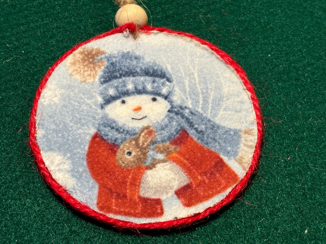Handcrafted, Snowman and Bunny, Flannel on Wood Christmas Ornament ...