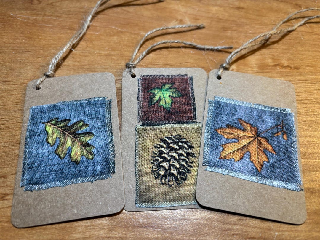 Nature Themed, Handcrafted, Fabric on Card Stock Gift Tags. Oak Leaves ...