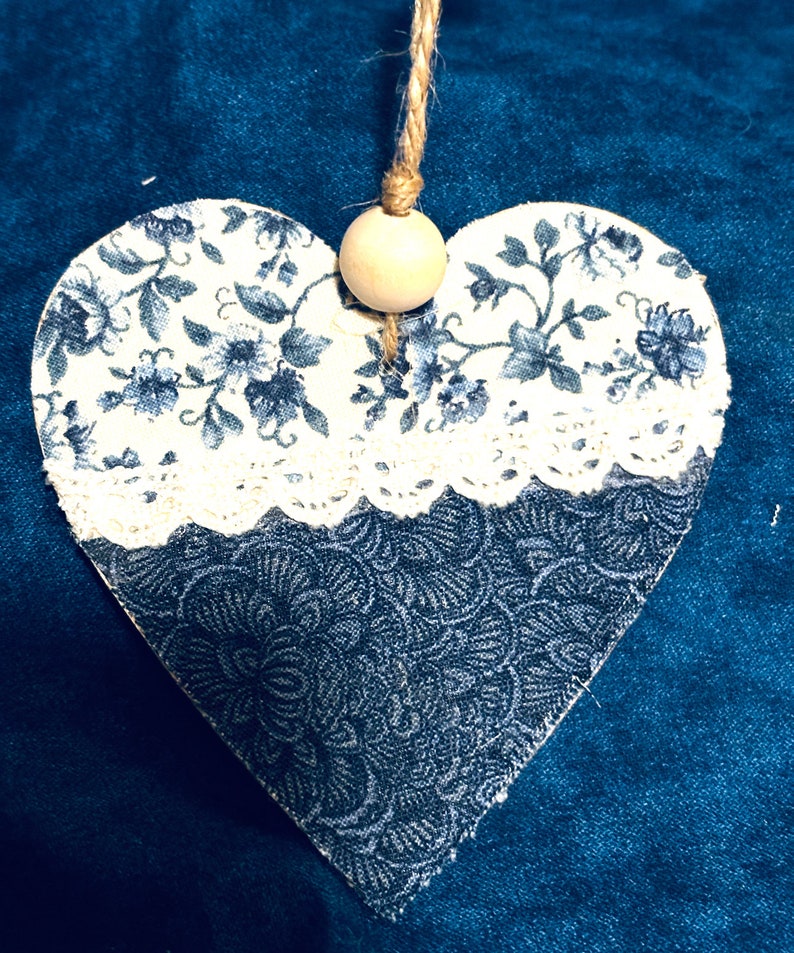 Blue and White Heart Ornament/wall Hanging/door Hanger. Fabric, Wood ...