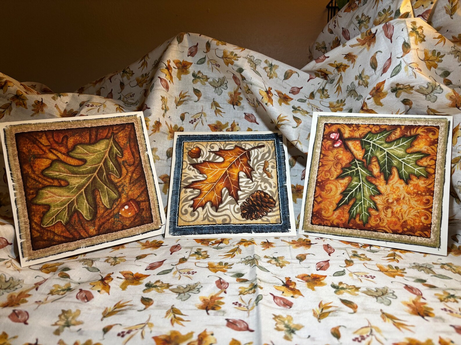 Lovely, Handcrafted, Oak Leaves and Acorns, Autumn Fabric Cards. Blank ...