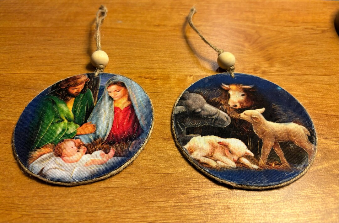 Religious Christmas Ornaments. Fabric on Wood. Holy Family, Stable ...