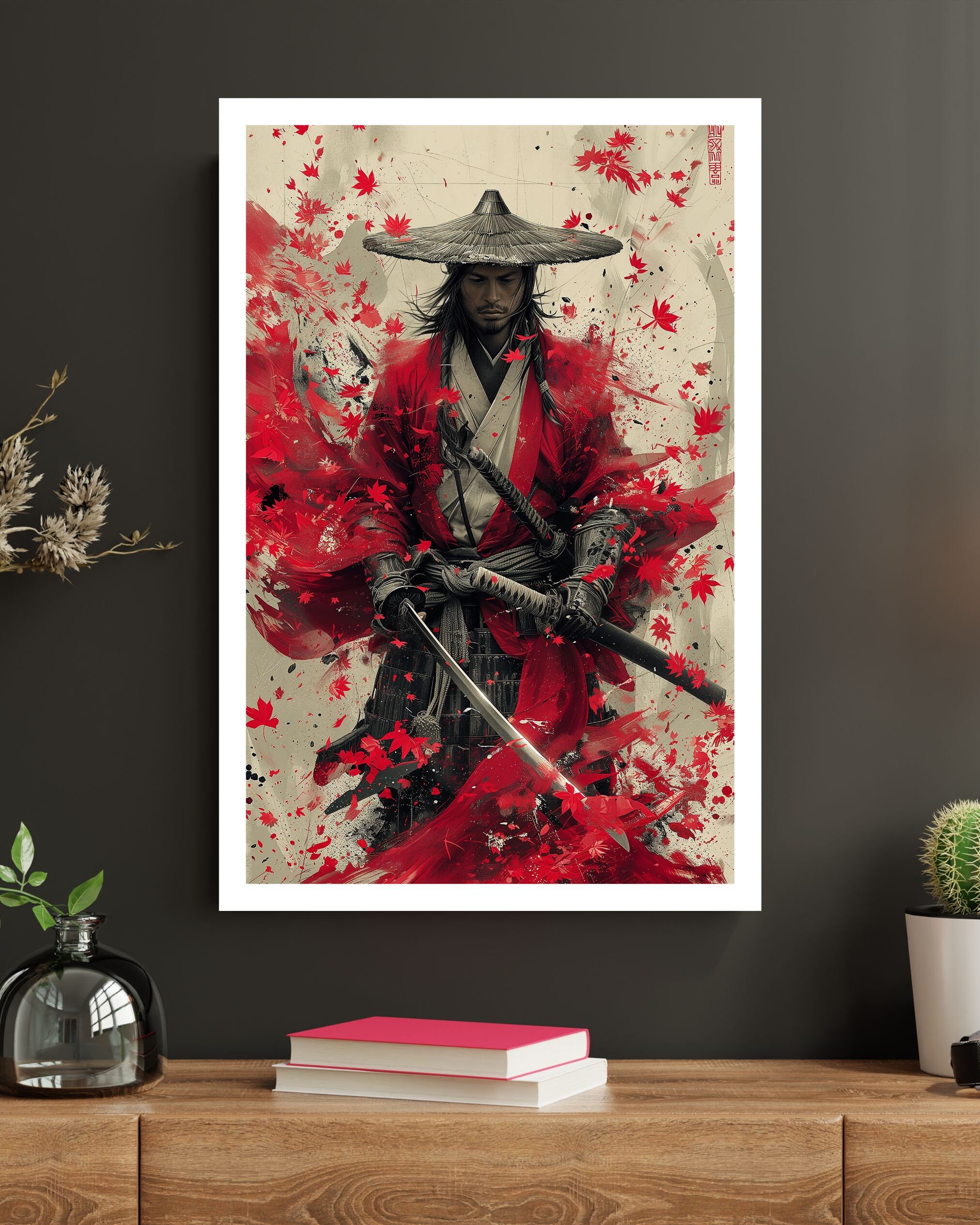 Japanese Samurai With Kasa Hat in Red Robe Digital AI Art, With White ...