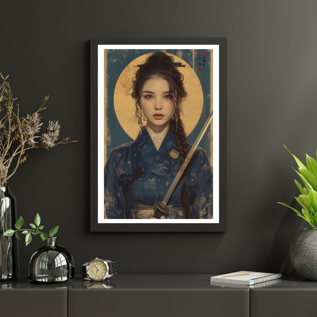 Female Samurai With Katana and Gold Moon Background Digital AI Art ...