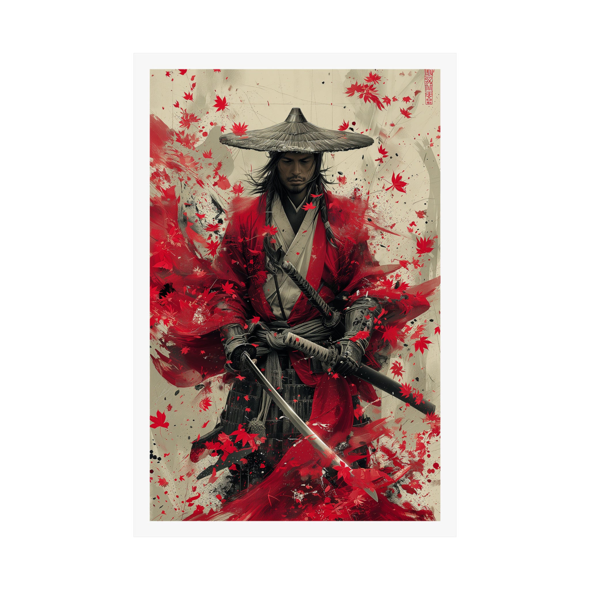 Japanese Samurai With Kasa Hat in Red Robe Digital AI Art, With White ...