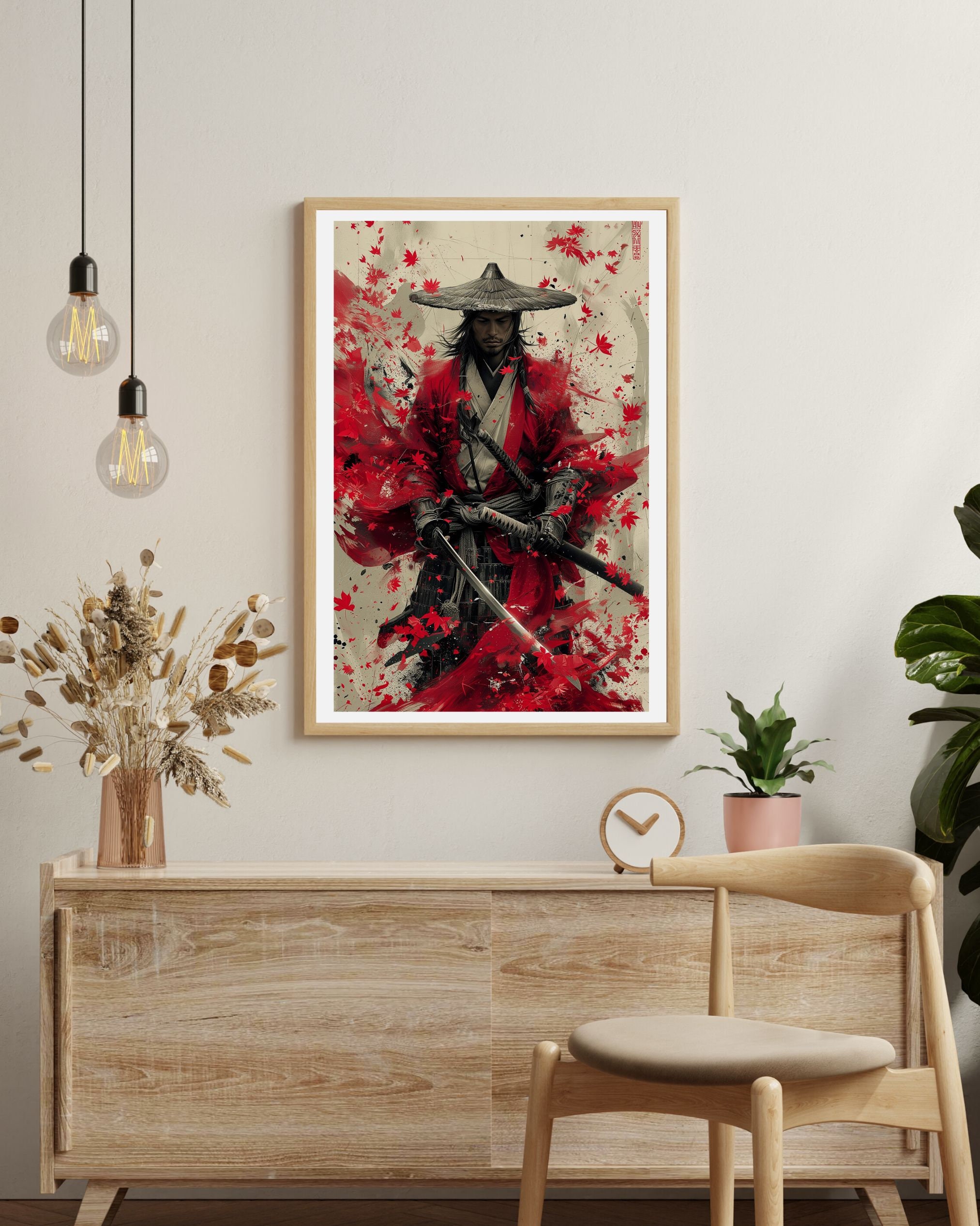 Japanese Samurai With Kasa Hat in Red Robe Digital AI Art, With White ...