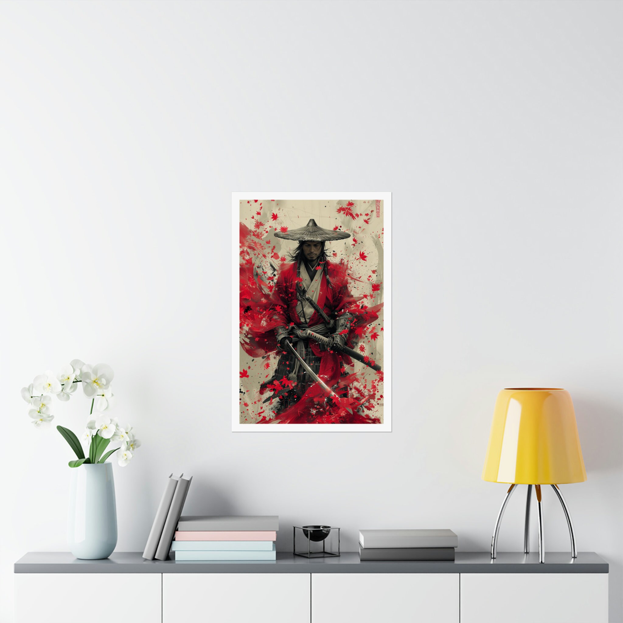 Japanese Samurai With Kasa Hat in Red Robe Digital AI Art, With White ...