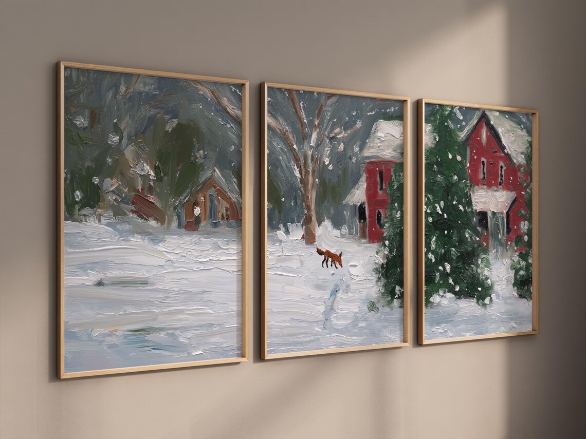 Fox in the Snow Art Print – Rustic Snowy Landscape Painting for Cozy ...