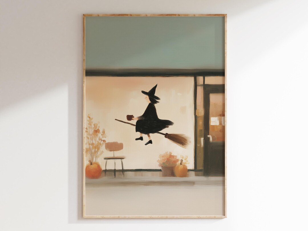 Witch Cafe Art Print: Cozy Halloween Flying Witch Decor - Etsy