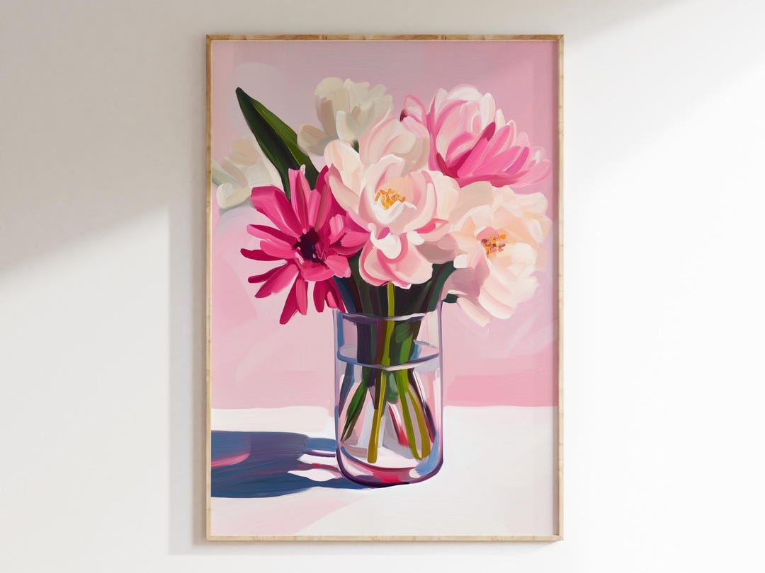 Pink Flowers Art Print: Bold Acrylic Floral Painting, Modern Home Decor ...
