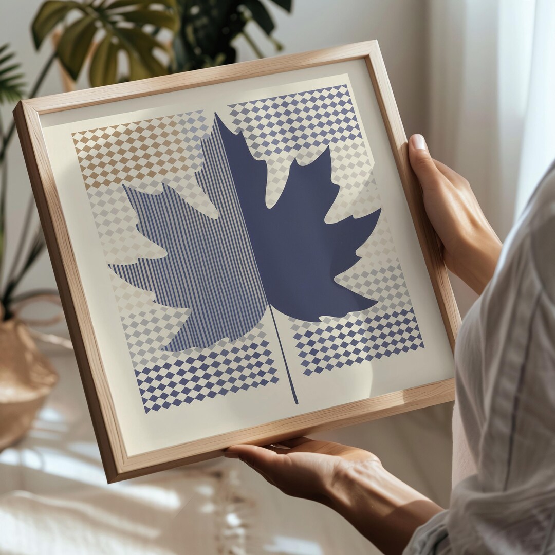 Preppy Blue Maple Leaf Art Printable - Mid Century Modern Geometric ...