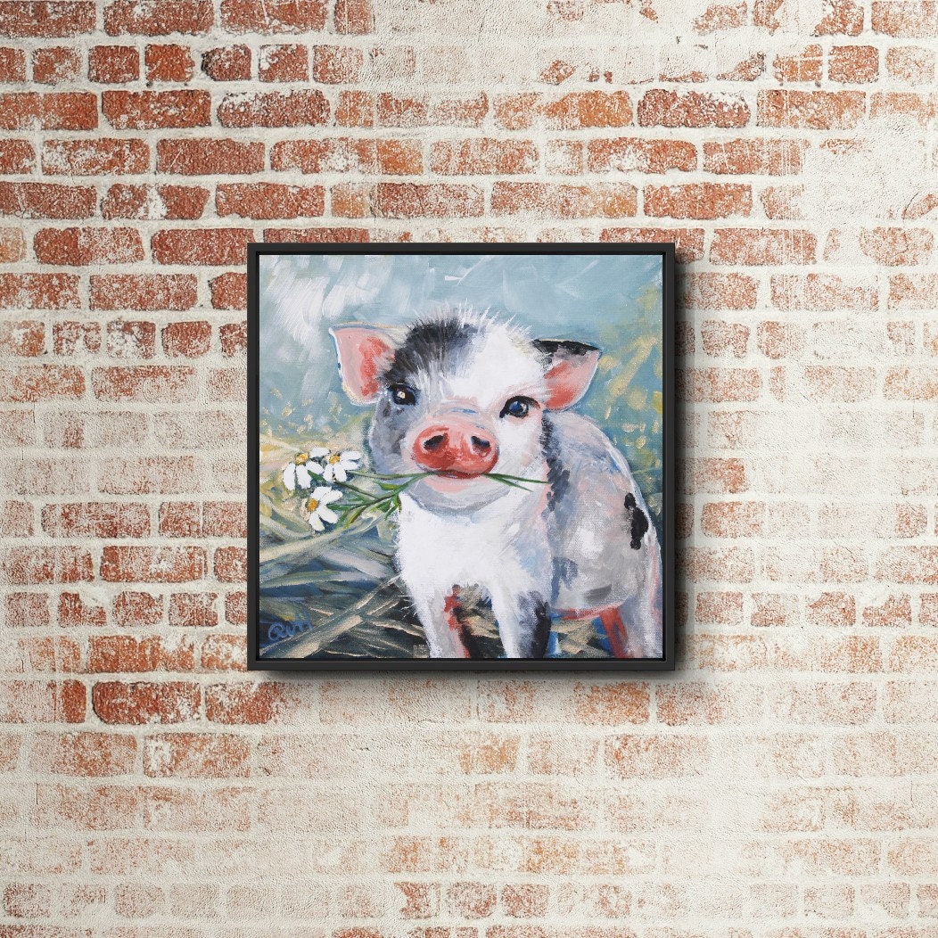 Cute Baby Pig Holding Flowers Painting, Farm Animal Print, Baby Pig ...