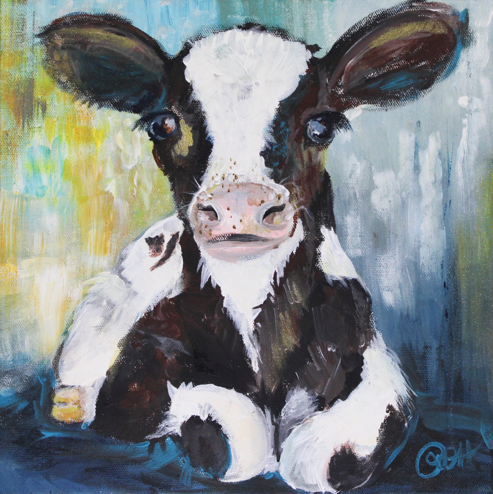 Cute Baby Cow Painting With Blue Background, Nursey Farm Animal Print ...