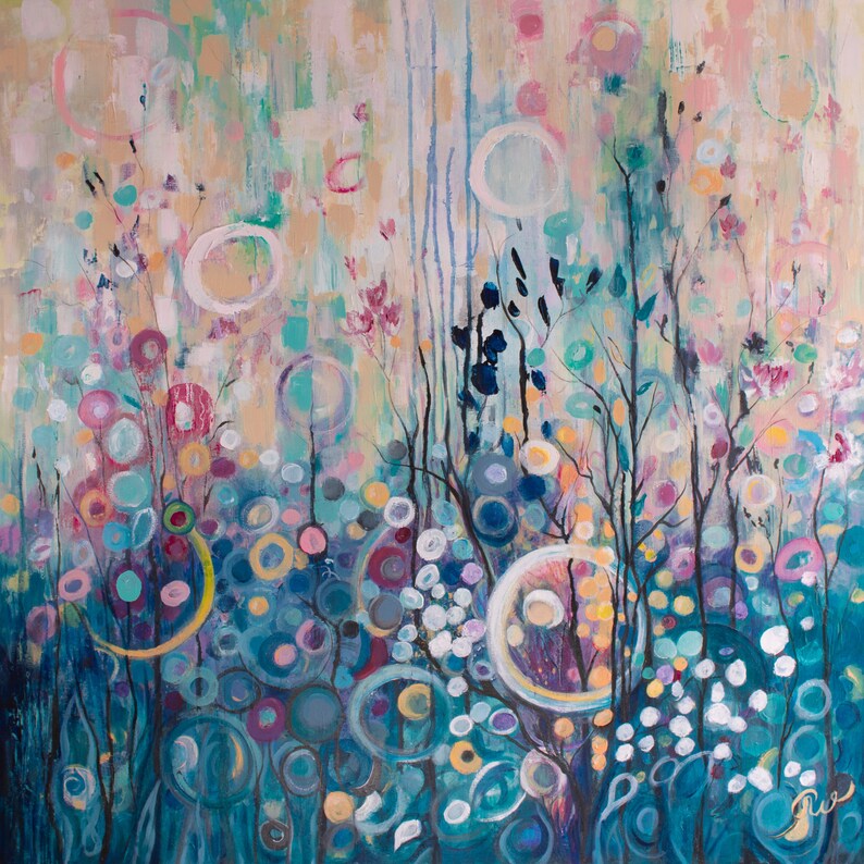 Whimsical Abstract Floral Landscape Painting, Large Abstract Flower Art ...