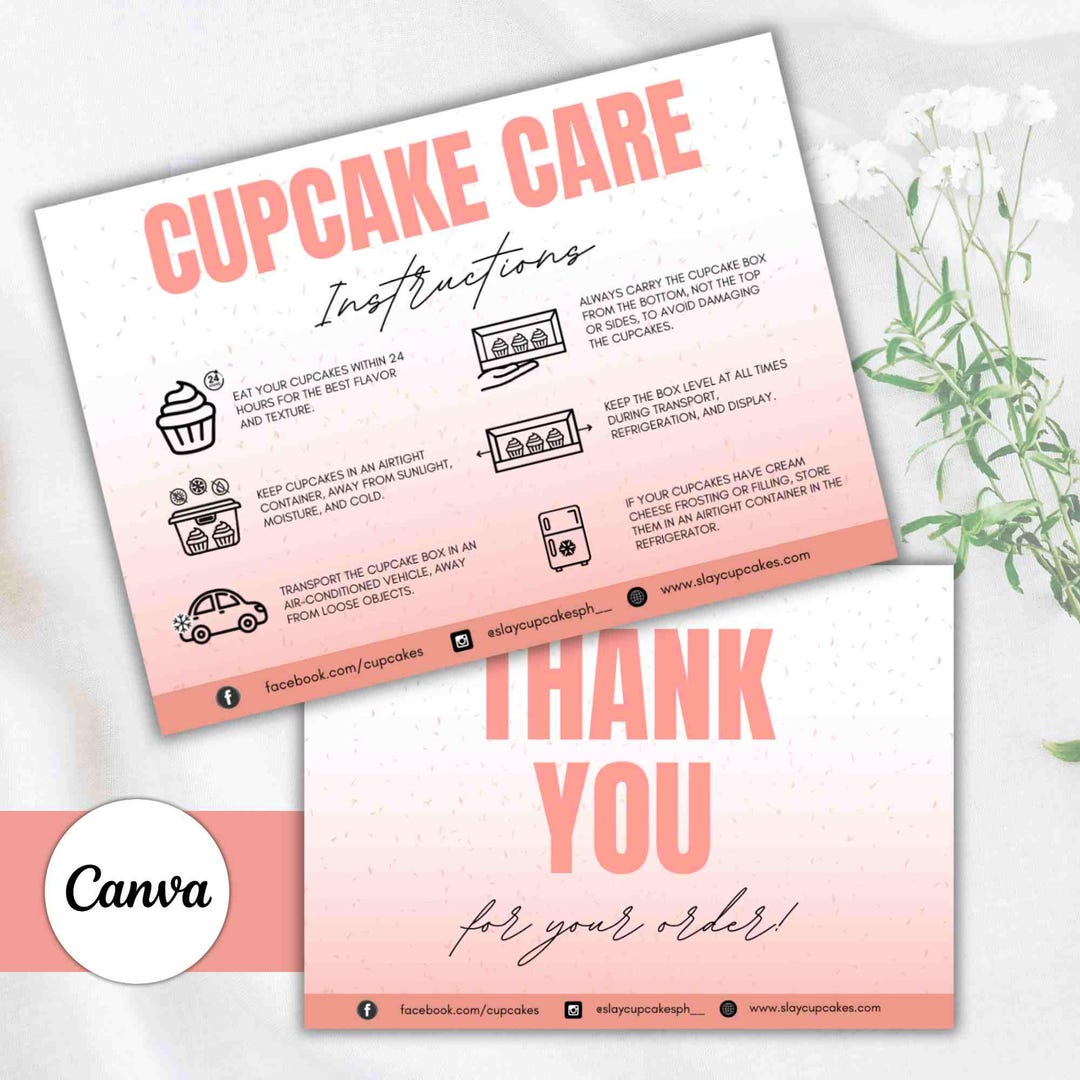 Editable Cupcake Care Guide, Cupcake Care Instructions, Canva Cupcake ...