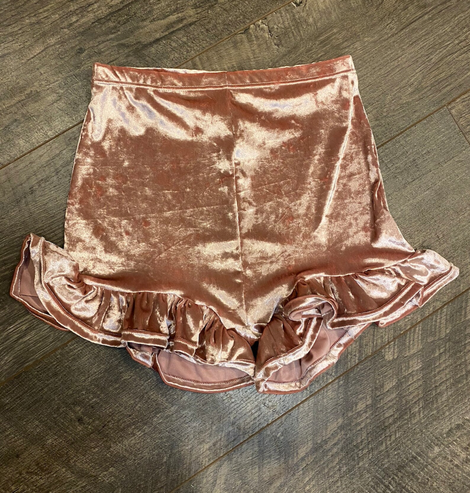 Soft Pink Crushed Velvet Ruffle Bum High Waisted Shorts, Dance and ...
