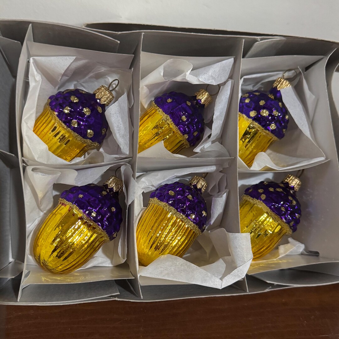 Vintage Poland Acorn Christmas Ornaments Set With Box - Gold & Purple ...