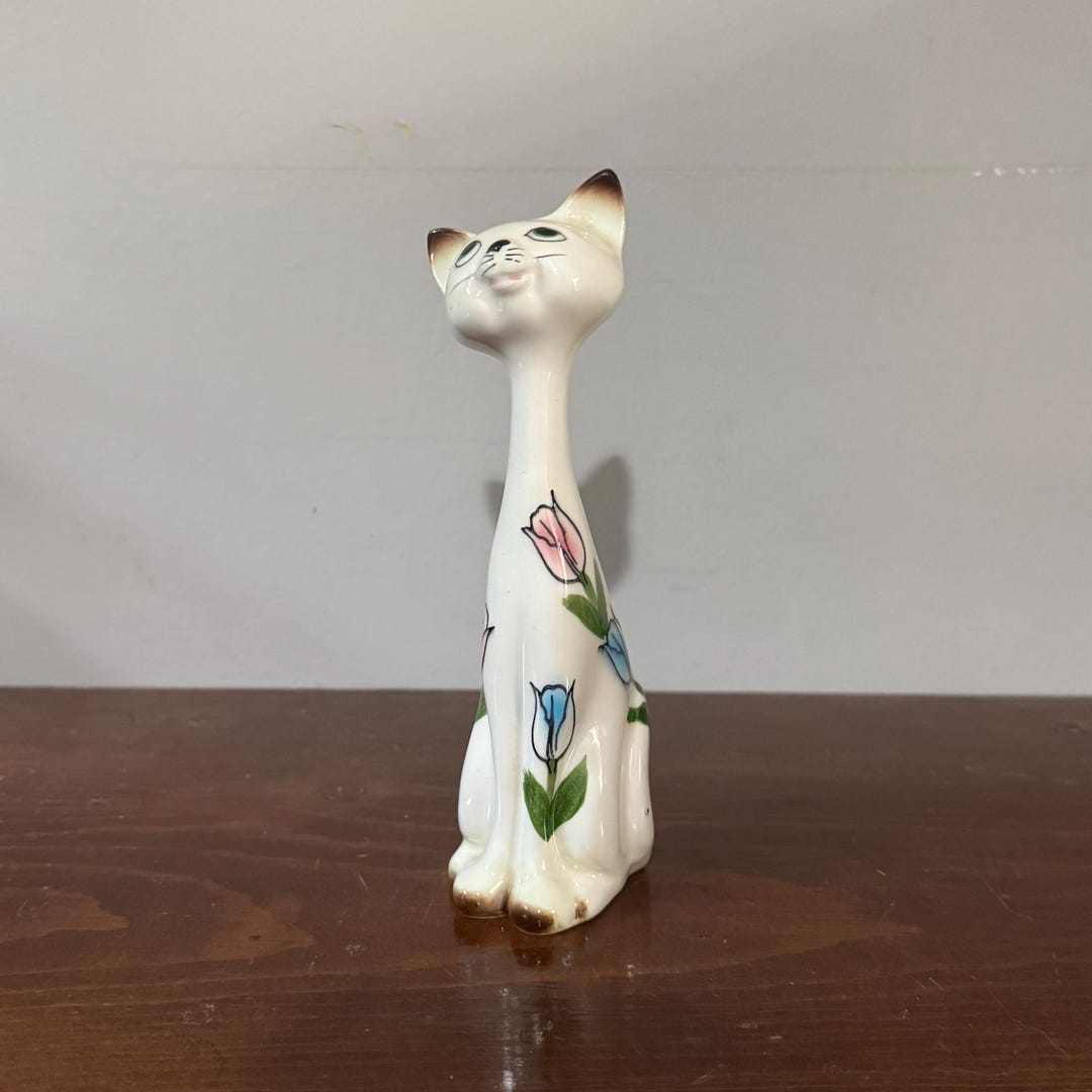 Vintage Long Neck Cat 1970s Handpainted Tulip Design - Etsy