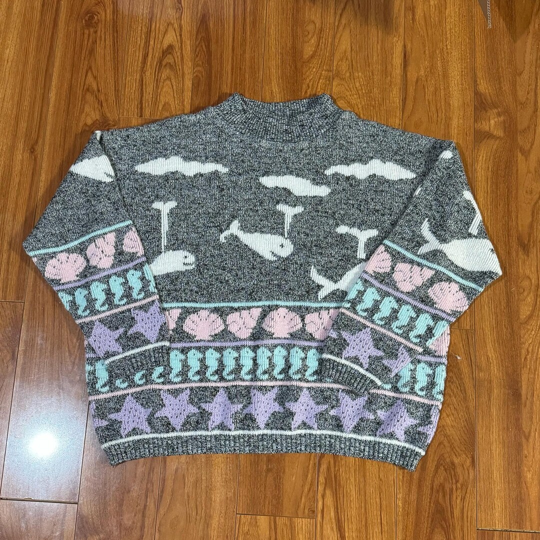 Vintage Pastel Coastal Whale & Seashell Knit Sweater by Grace - Etsy
