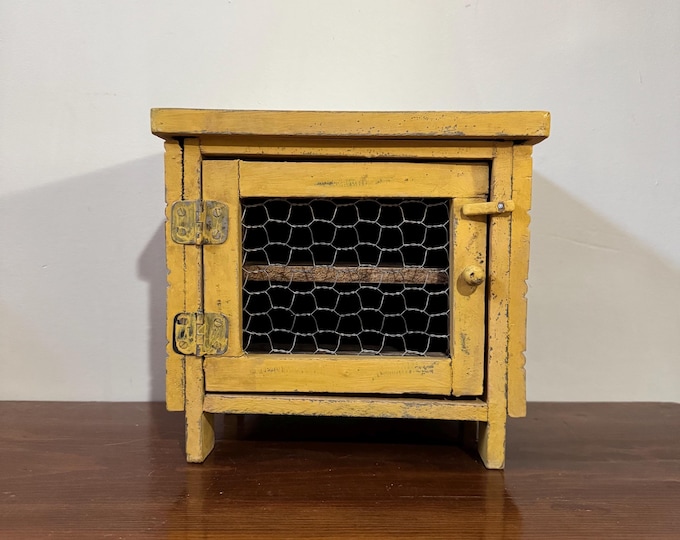 Antique Small Primitive Cabinet Shelf - Painted Yellow Chicken Wire ...