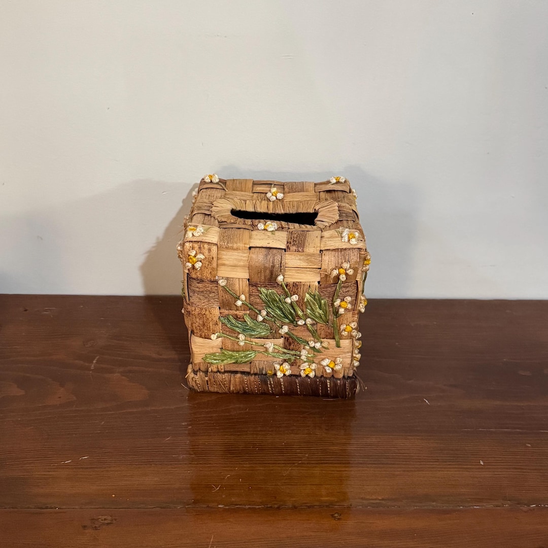 Vintage Woven Raffia Tissue Box Cover Square Floral Accent - Etsy