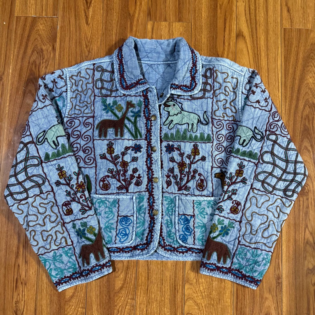Quilted Patchwork Embroidered Jacket With Folk Art Animals & Plants ...