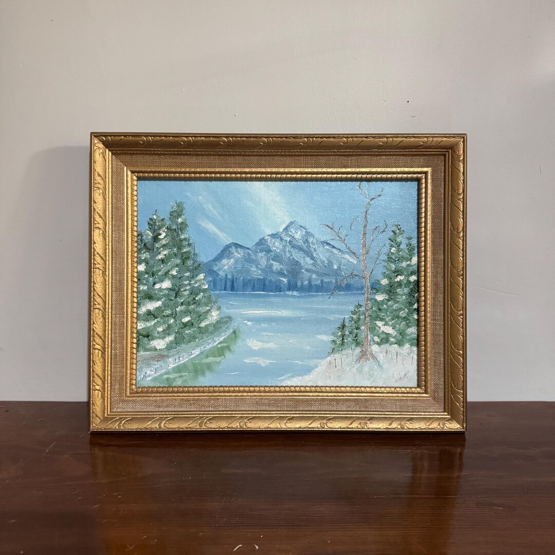 Original Oil Painting Snowy Mountain Lake Gold Framed 12” by 15” - Etsy