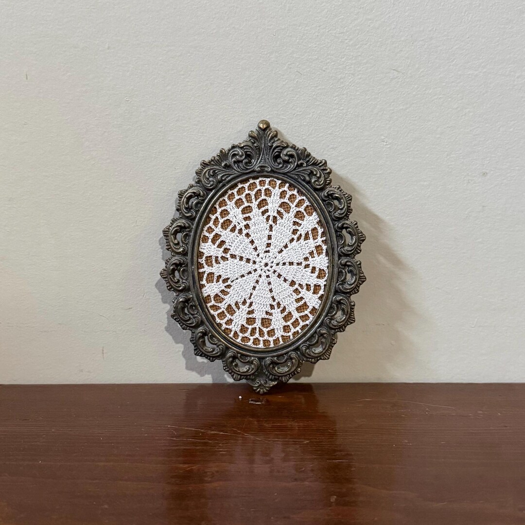 Vintage Italian Ornate Brass Oval Frame With Crochet Doily Art - Wall ...