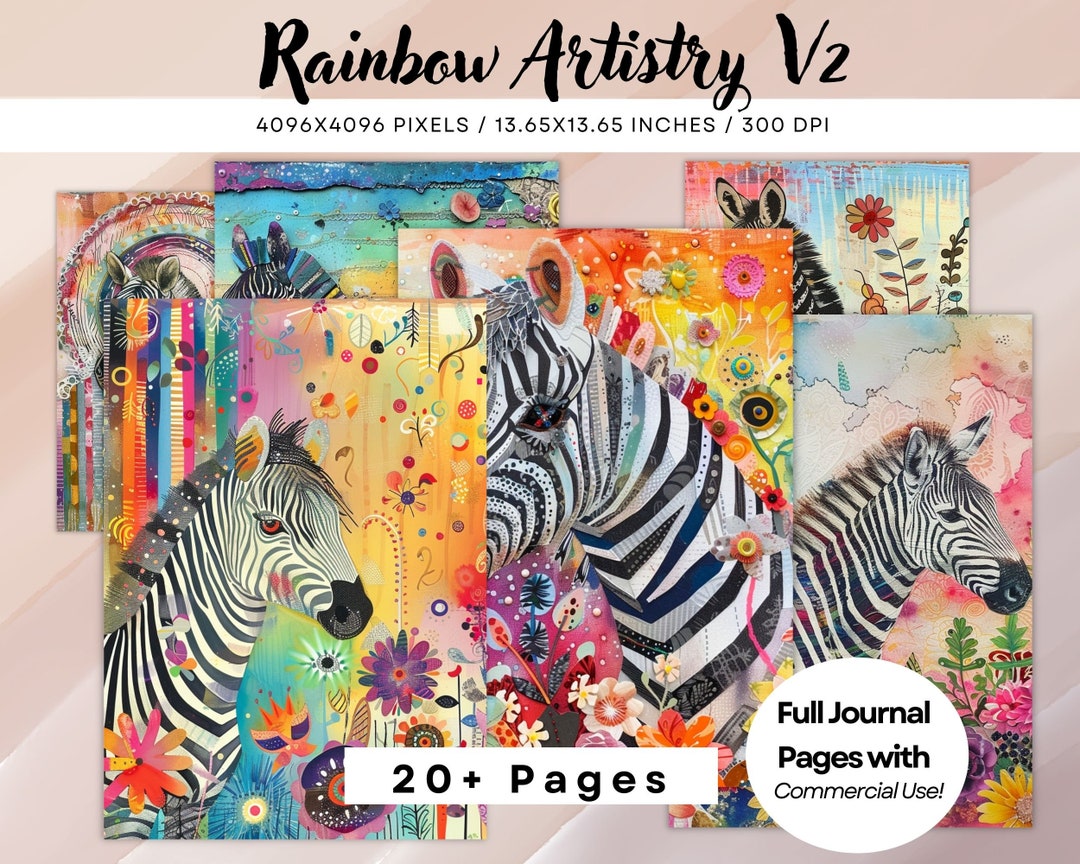 Whimsical Zebra Digital Paper, Colorful Paper, Rainbow Watercolor ...