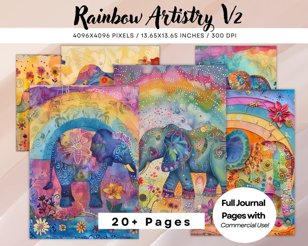 Whimsical Elephant Digital Paper, Colorful Paper, Rainbow Watercolor ...