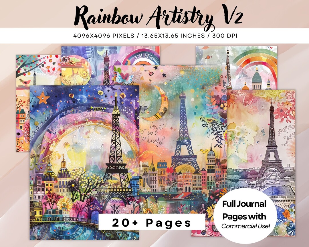 Whimsical Paris Digital Paper, Colorful Paper, Rainbow Watercolor ...