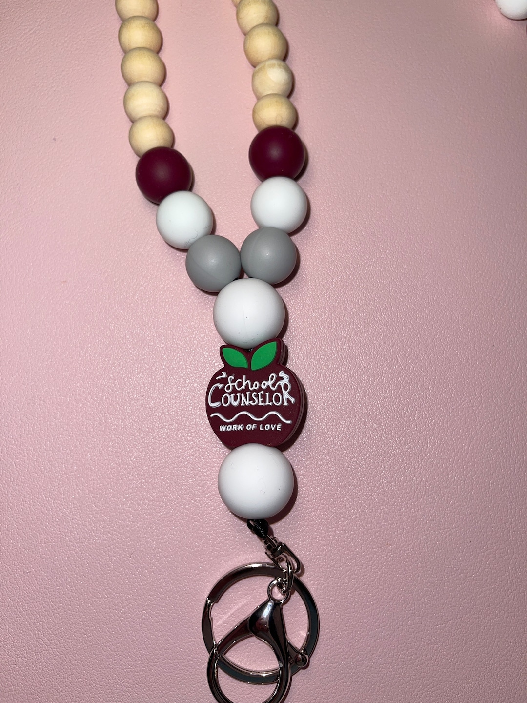 School Counselor - Maroon Work of Love Silicone and Wood Bead Lanyard ...