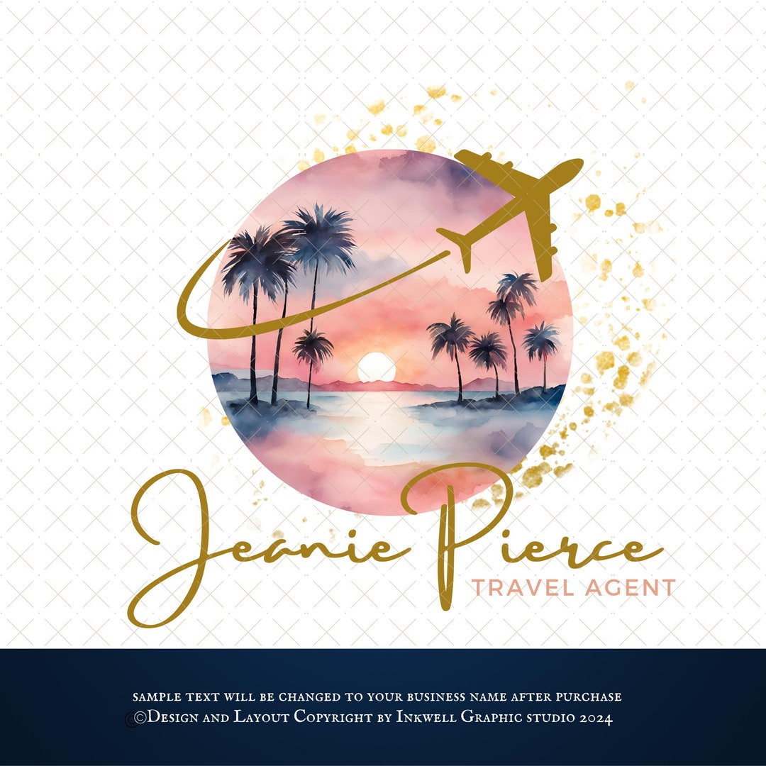 Travel Logo, Boho Palm Tree Sunset Hippie Beach Logo, Gold Travel Agent ...