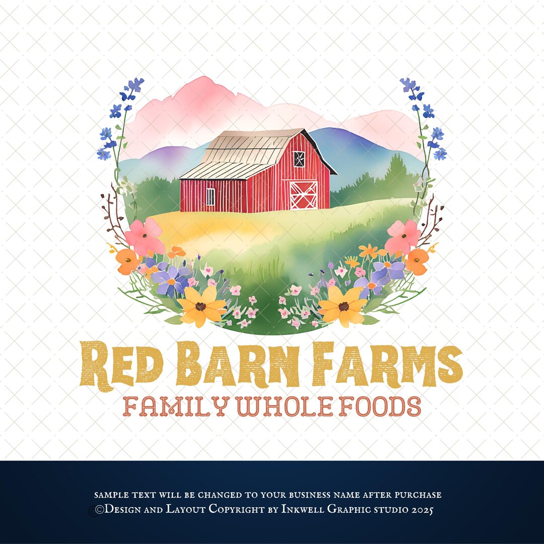 Boho Red Barn Farm Logo, Watercolor Barn Logo, Floral Farmer's Market ...