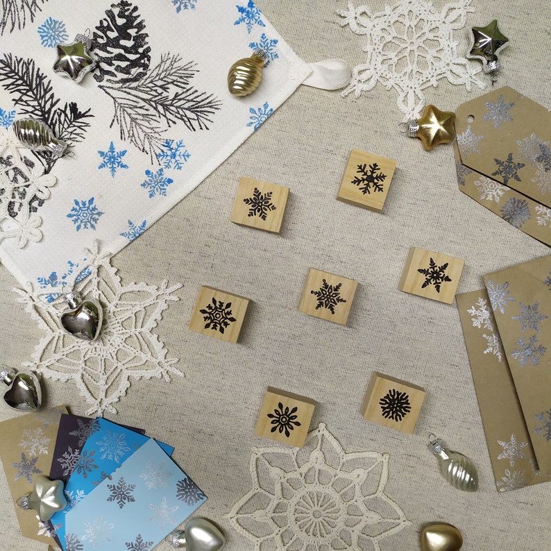 Set of Snowflakes Stamps Hand Carved Star Ink Stamps Christmas Rubber ...