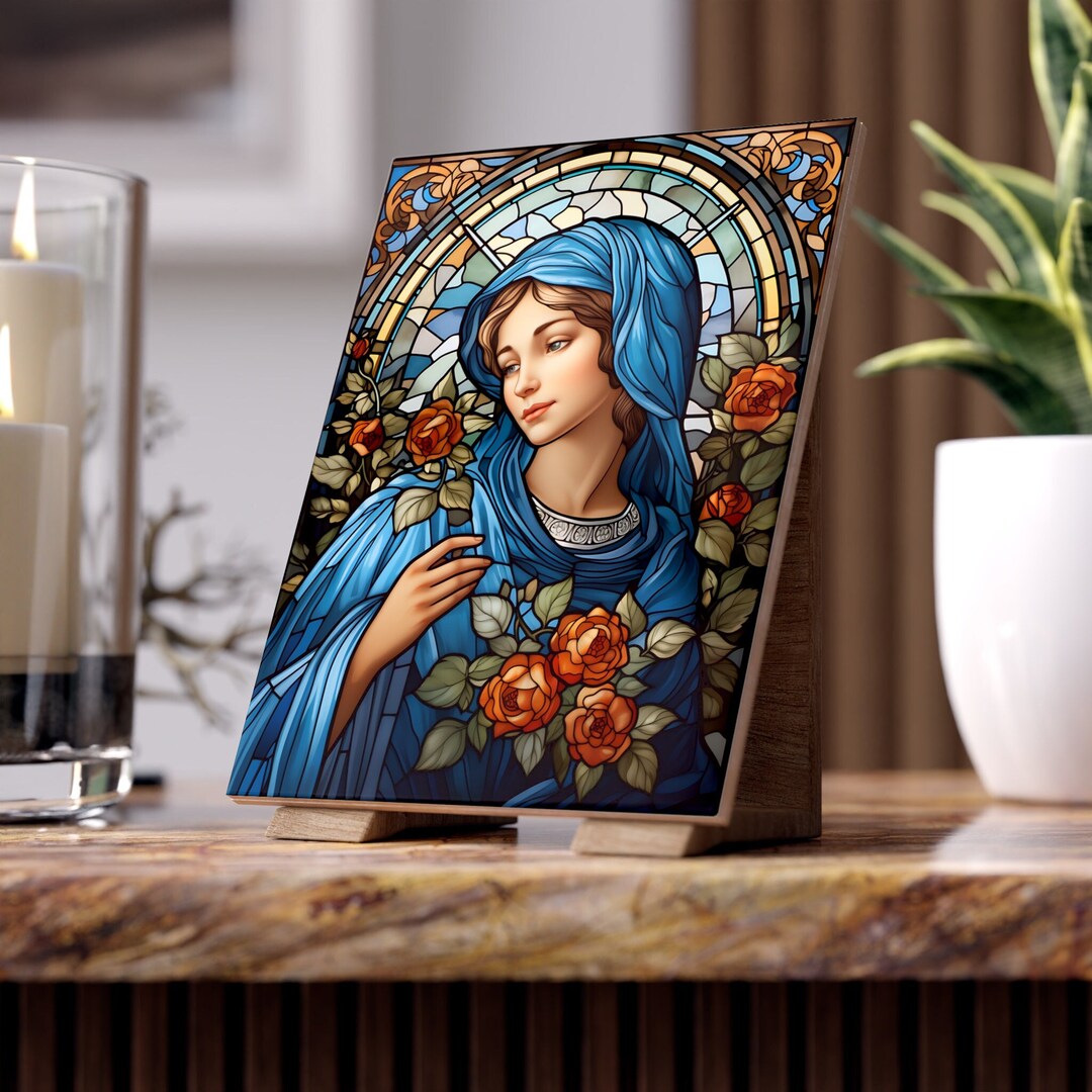 Ceramic Photo Tile Prayer, Tile Virgin Mary, Icon, Stained Glass Glass ...