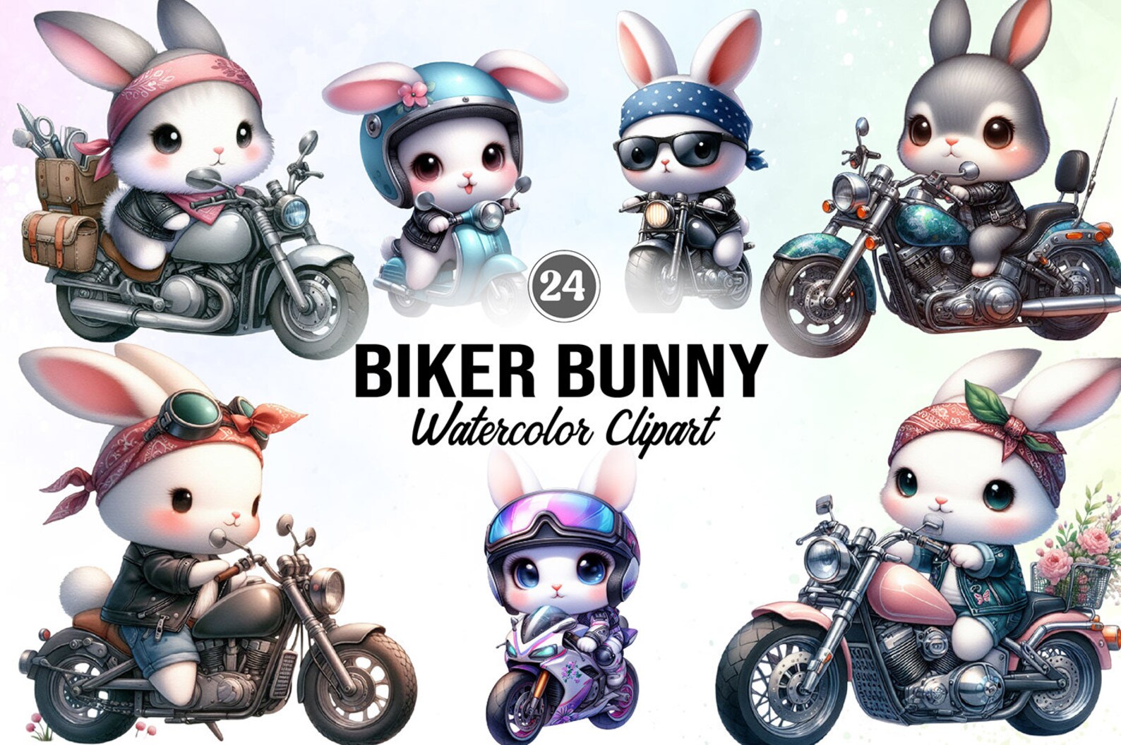 24 Biker Bunny Watercolor PNG Clipart, Cute Rabbit, Motorbike, Bunny ...