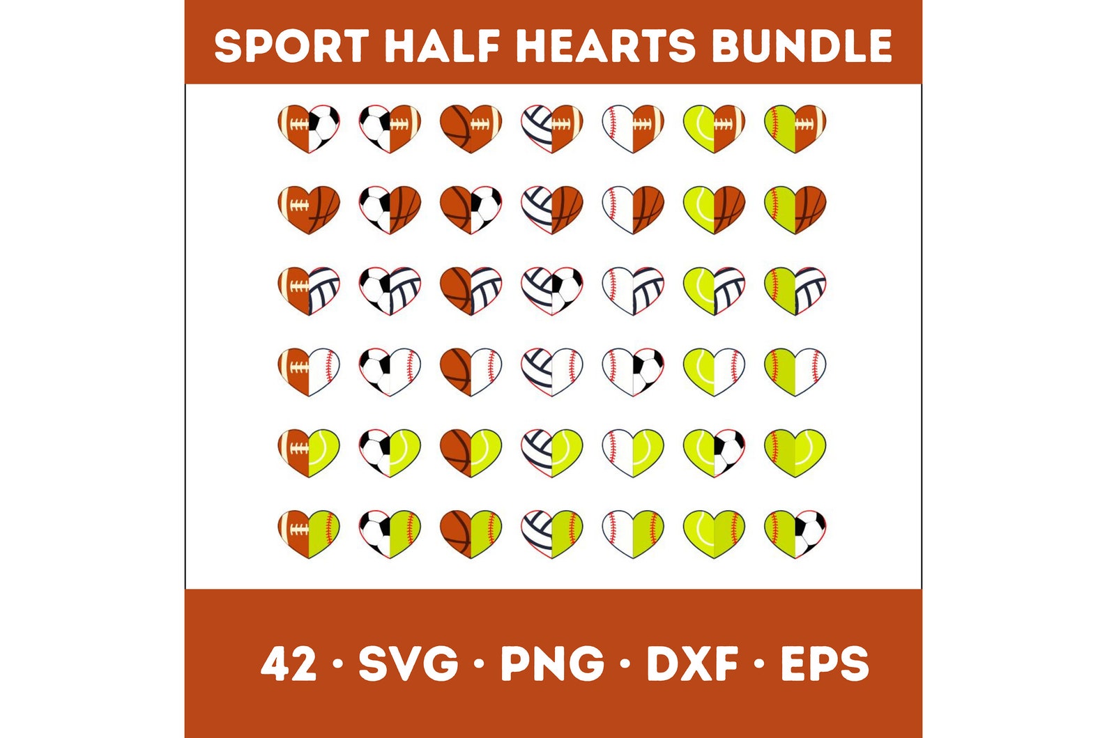 42 Sport Half Hearts Svg Bundle, Baseball, Softball, Basketball, Soccer ...