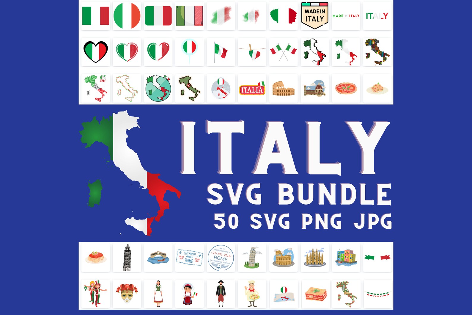 Italy Svg Bundle, 50 Italy Clipart, Italy Flag PNG, Italy Vector, Italy ...
