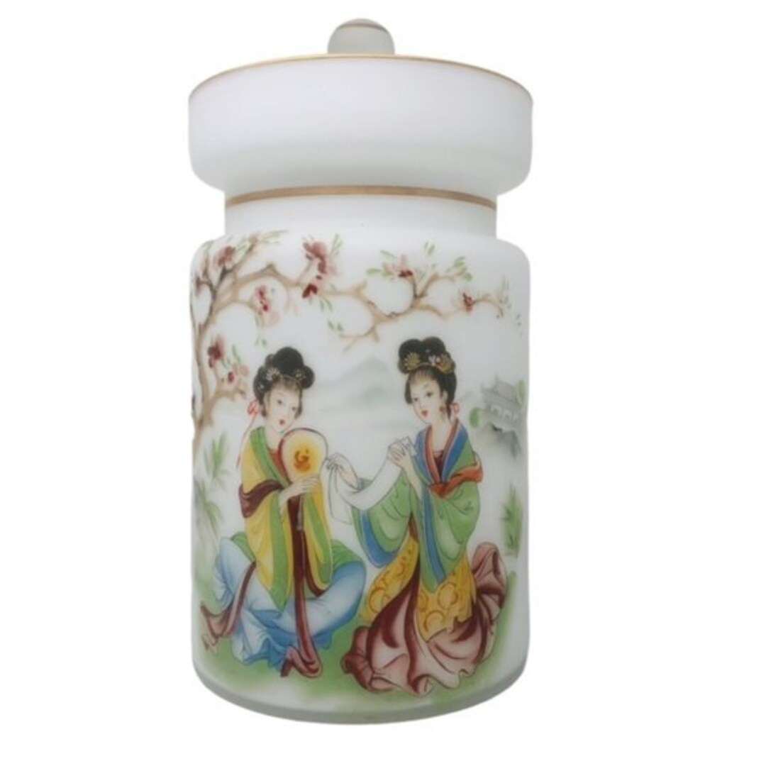Rare Vintage Oriental Lidded Canister Thin White Glass Geishas Trees ...