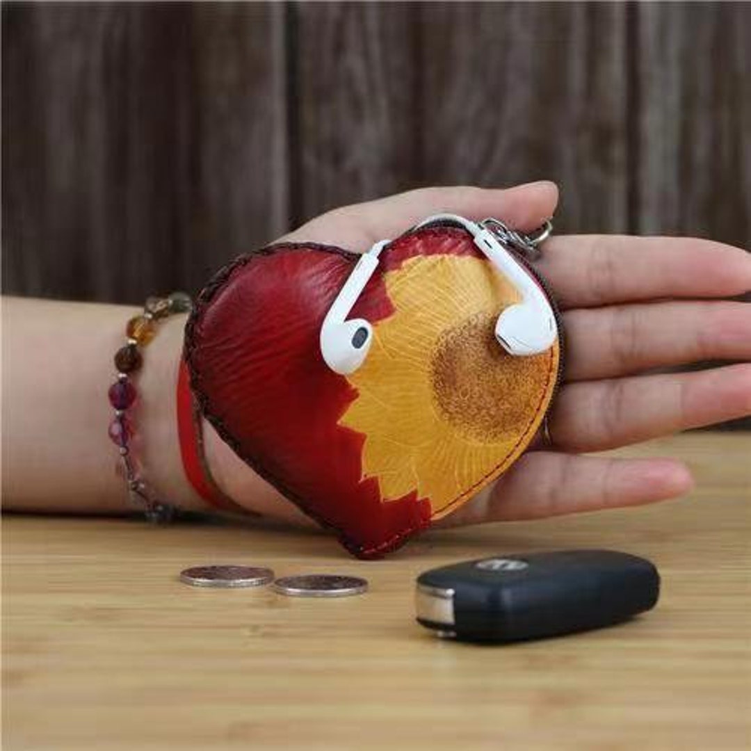 Handmade Authentic Leather Heart Coin Purse, Heart Pattern Coin Leather ...
