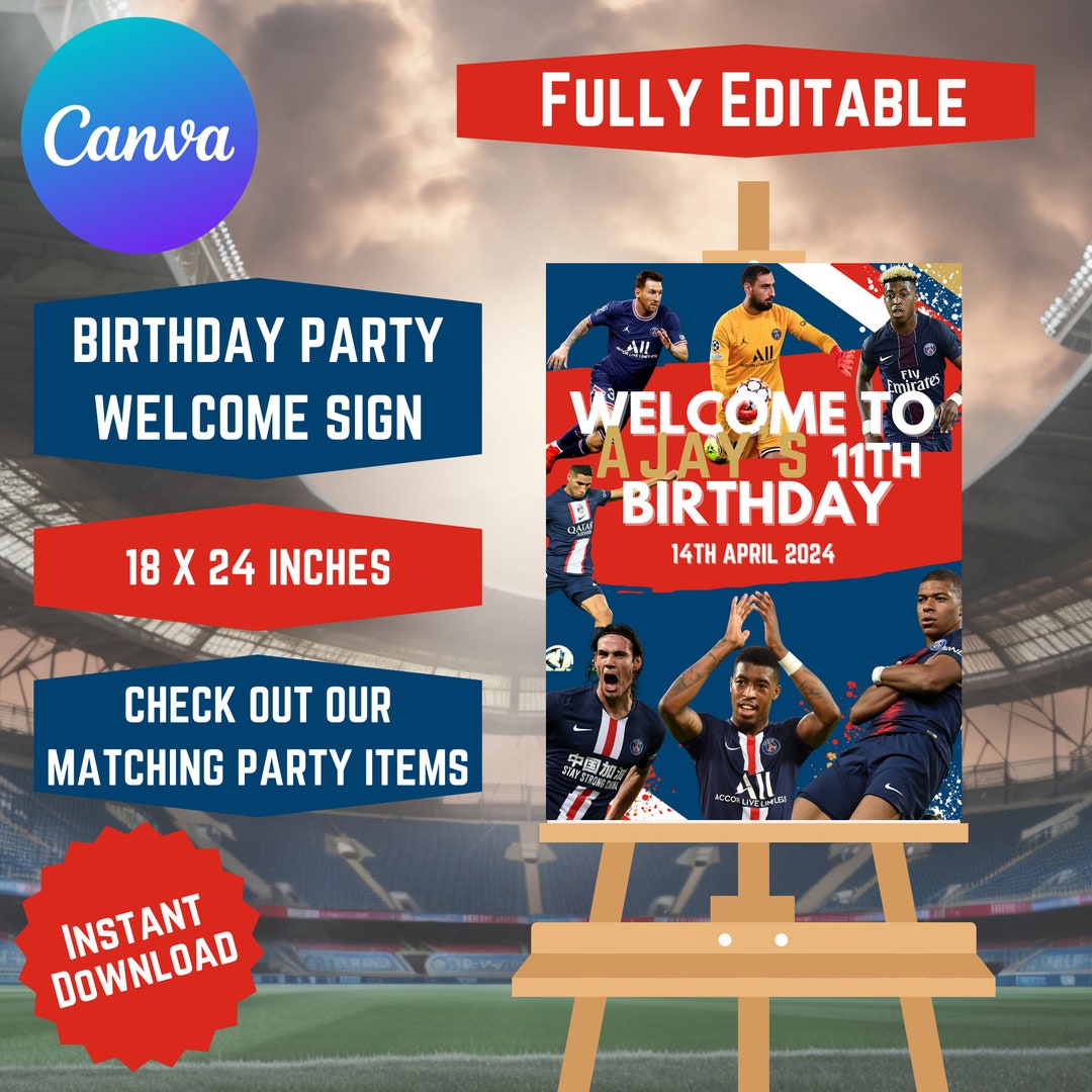 PSG Birthday Welcome Sign, Party, Soccer, Mbappe, Messi, France, Poster ...