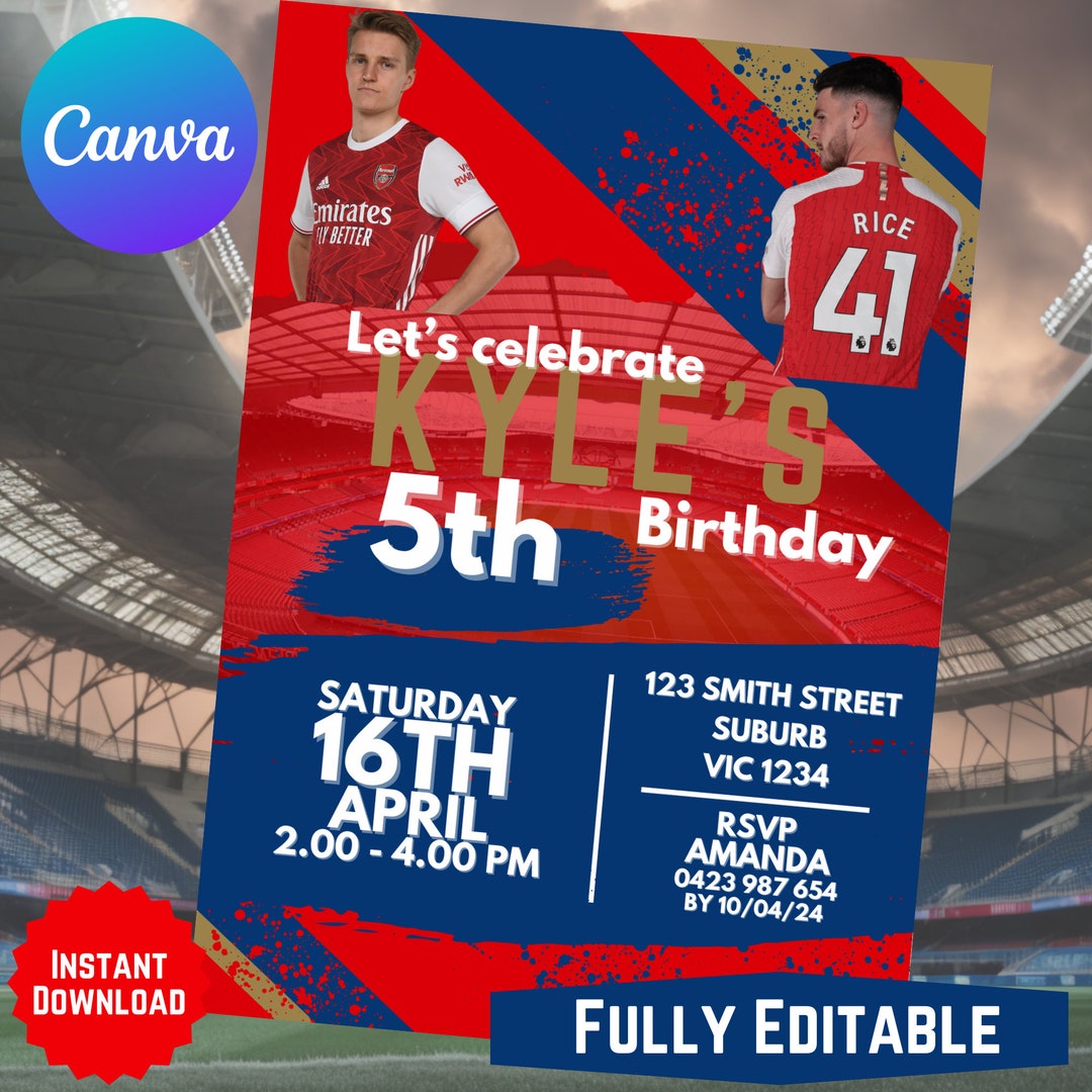ARSENAL Birthday Invitation, Party Invite, Soccer, Football, Soccer ...