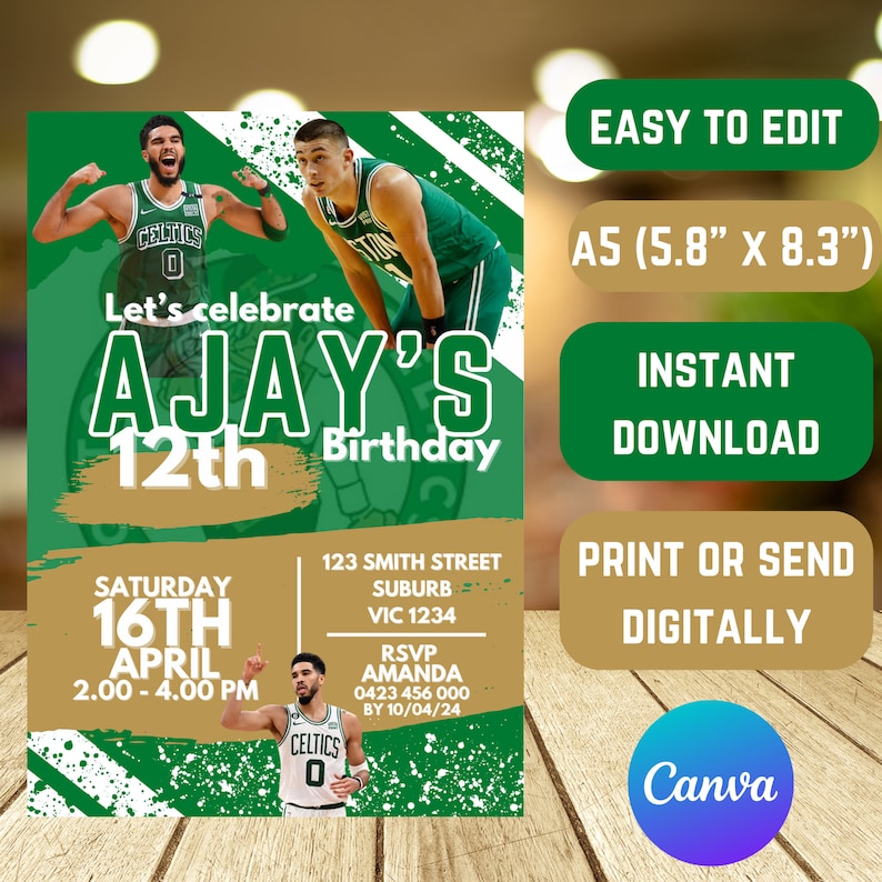 BOSTON CELTICS Birthday Invitation, Party Invite, Basketball, NBA ...