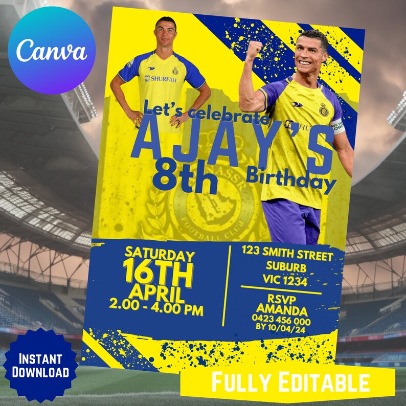 AL NASSR Birthday Invitation, Party Invite, Soccer, Cristiano Ronaldo ...