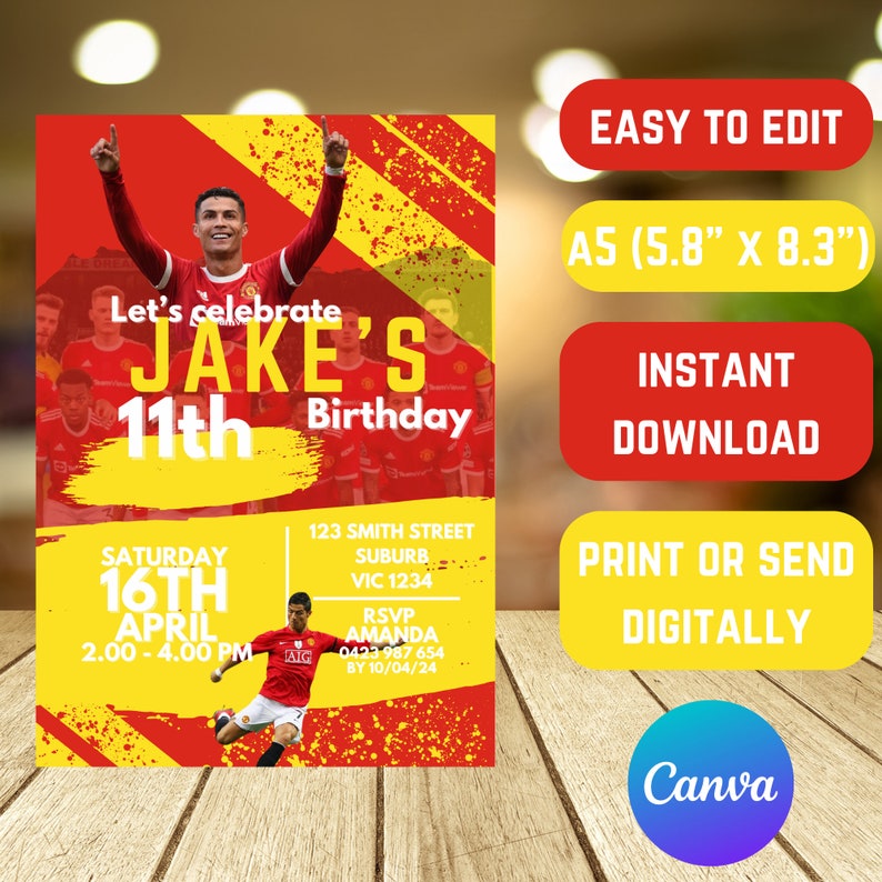 MANCHESTER UNITED Birthday Invitation, Party Invite, Soccer, Cristiano ...