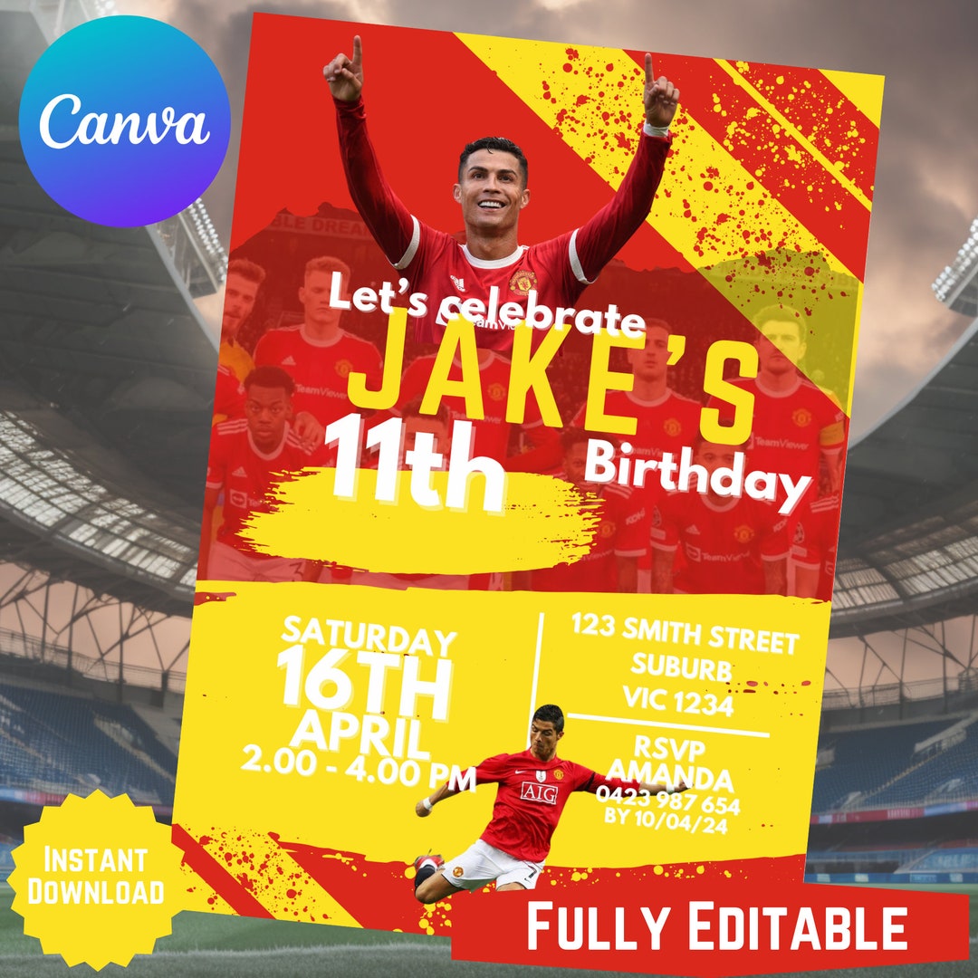 MANCHESTER UNITED Birthday Invitation, Party Invite, Soccer, Cristiano ...
